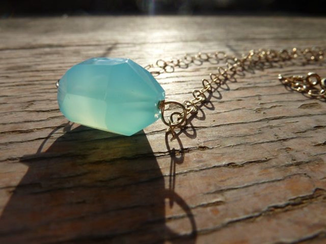 Sea Blue Rough Cut Chalcedony on Gold Chain 32 Inches 34004 - Etsy
