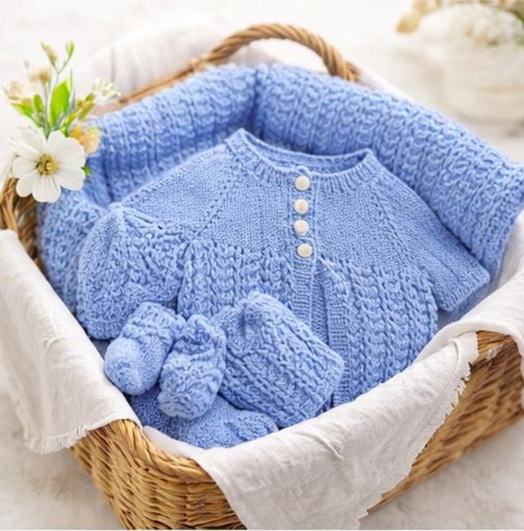 Layette Knitting Pattern PDF, Eyelet Baby Set, Sweater Hat Booties ...