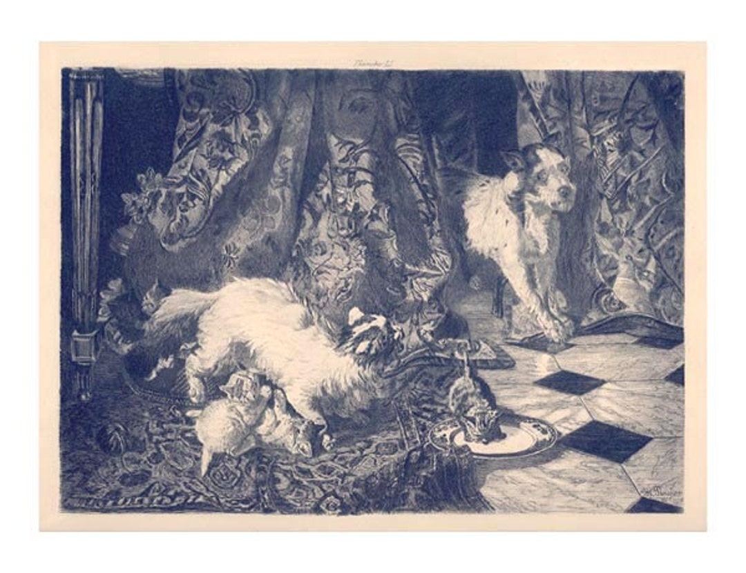 1870 Antique French Engraving by Philippe Rousseau-mama Cat Protecting ...