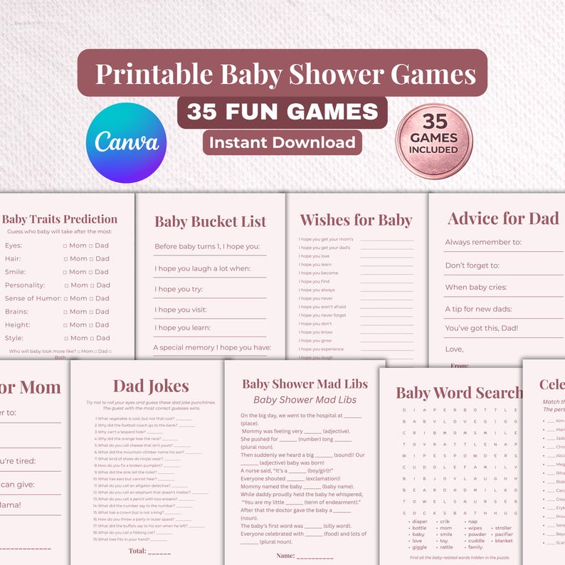 Baby Girl Shower Games Bundle Printable Blush Pink | 35 Baby Shower ...