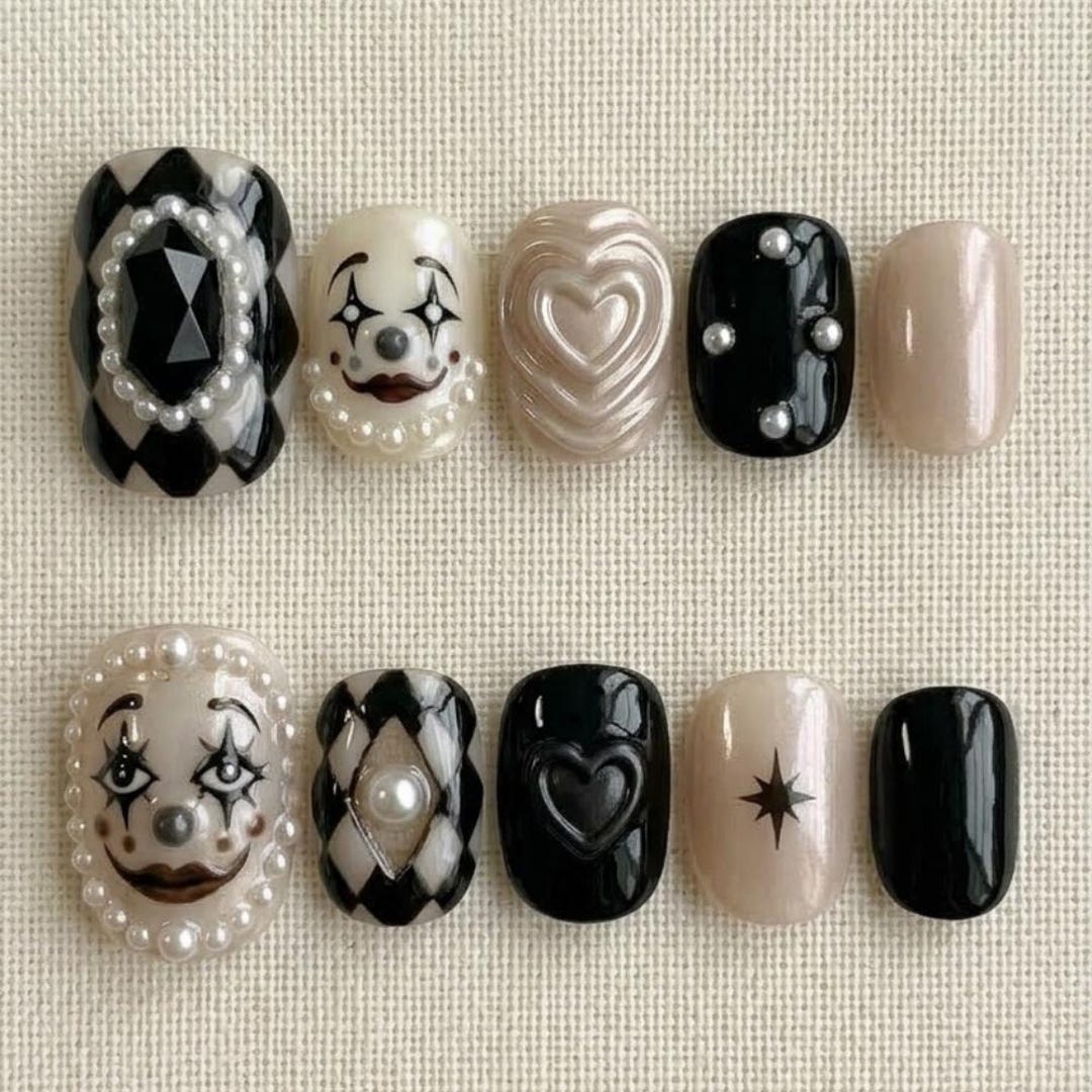 Handmade Clown Press-on Toes, Harlequin Pearl Pierrot Nails, Dark ...