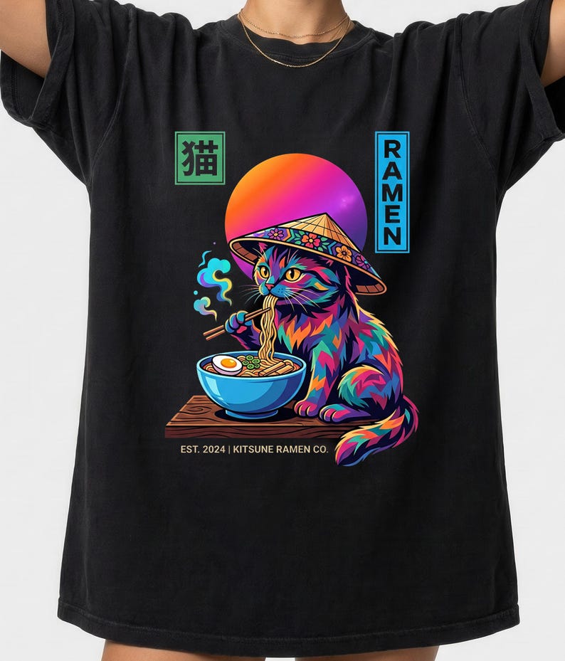 Colorful Cat Eating Ramen Shirt, Retro Japanese Anime Graphic Tee ...