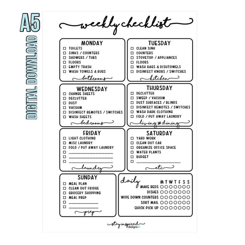 PRINTABLE A5 Planner Cleaning Checklist Planner Insert - Etsy