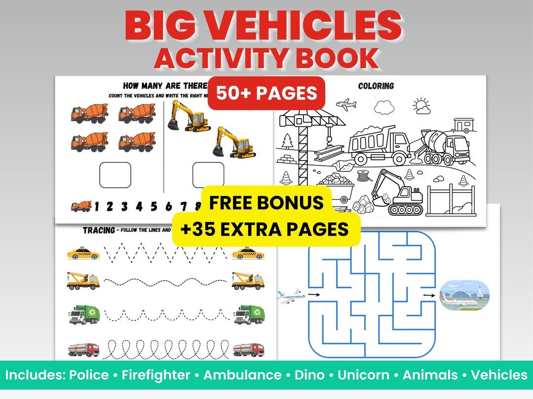 Vehicles Printable Worksheets for Kids | Truck Activity Book PDF ...