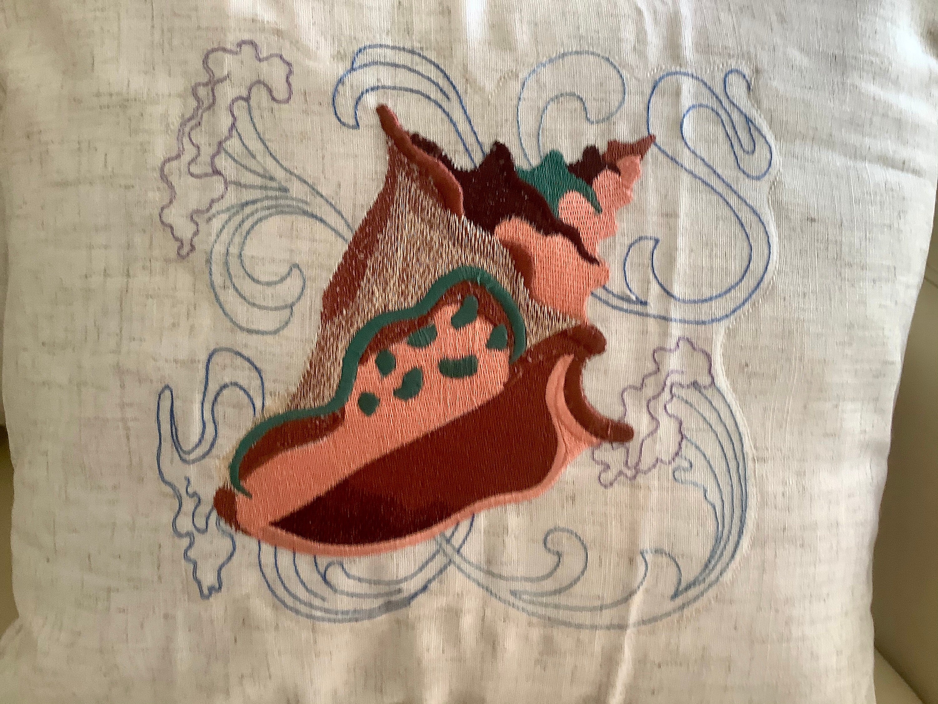 Embroidered Sea Shell 14 Square Pillow Cover Linen Fabric No insert ...