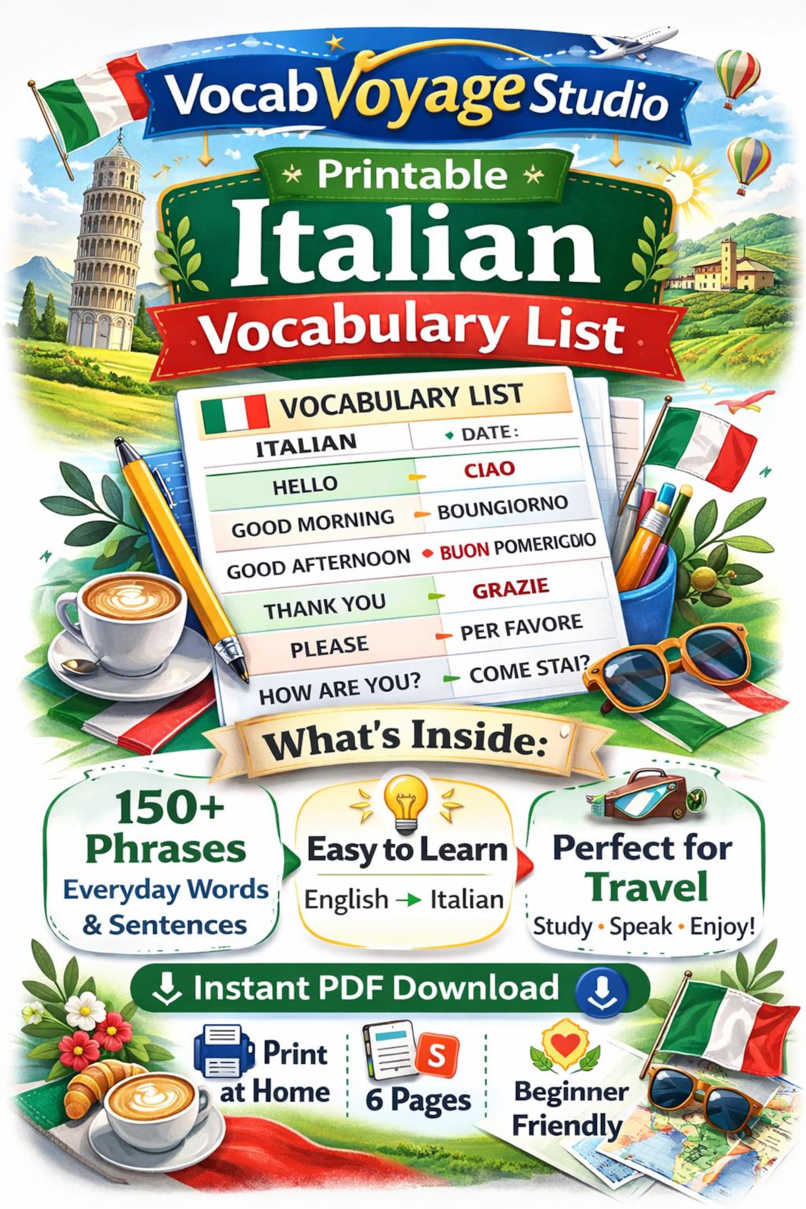 Italian Vocabulary List Printable | 150 Most Common Phrases | English ...