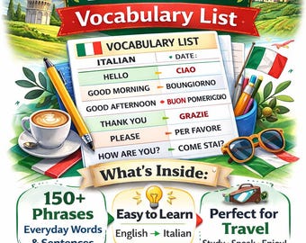 Italian Vocabulary List Printable | 150 Most Common Phrases | English ...
