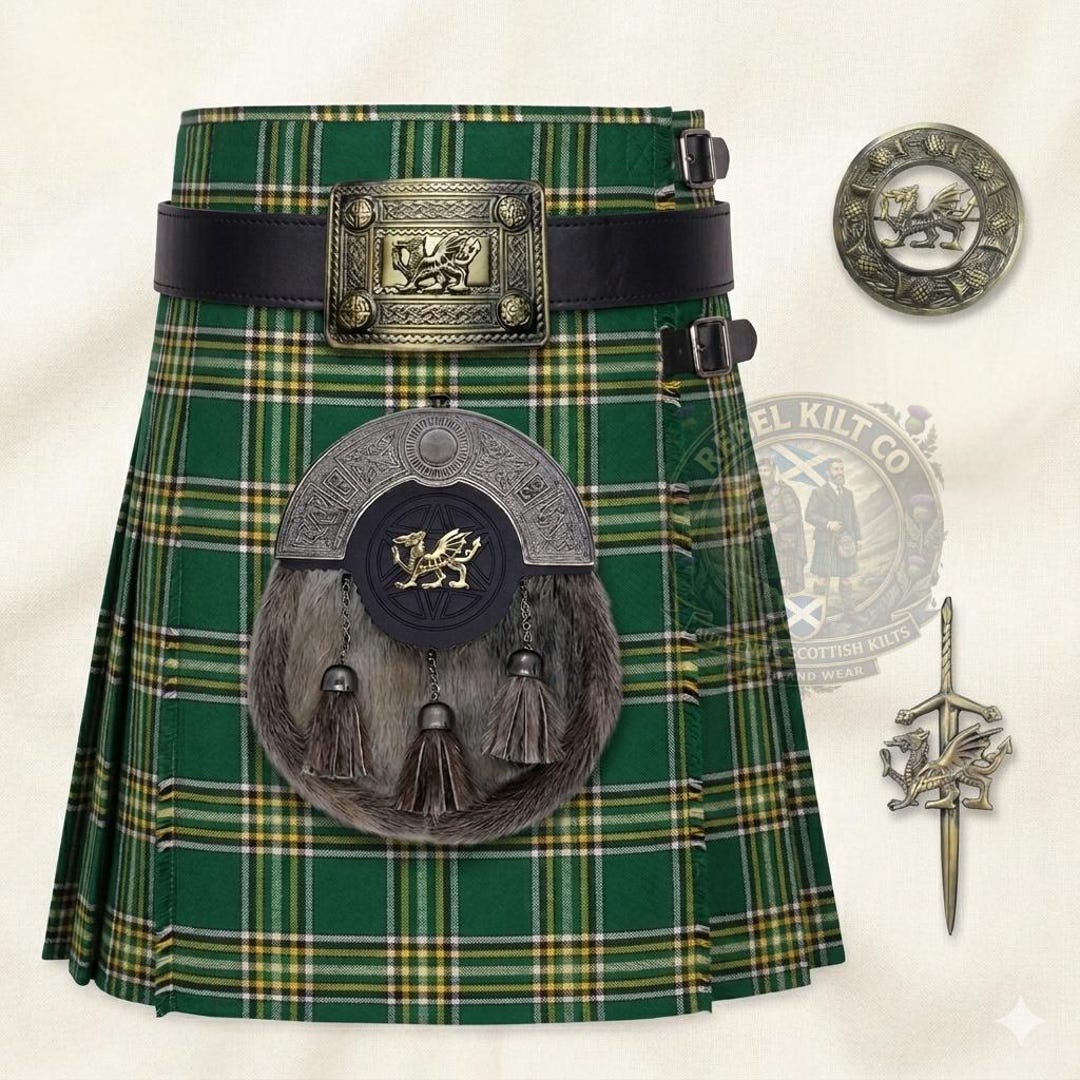 Welsh Dragon 6 Piece Kilt Set - Irish Tartan Kilt, Leather Belt, Buckle ...
