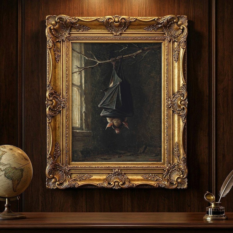 Gothic Bat Oil Painting, Dark Academia Halloween Macabre Wall Decor ...