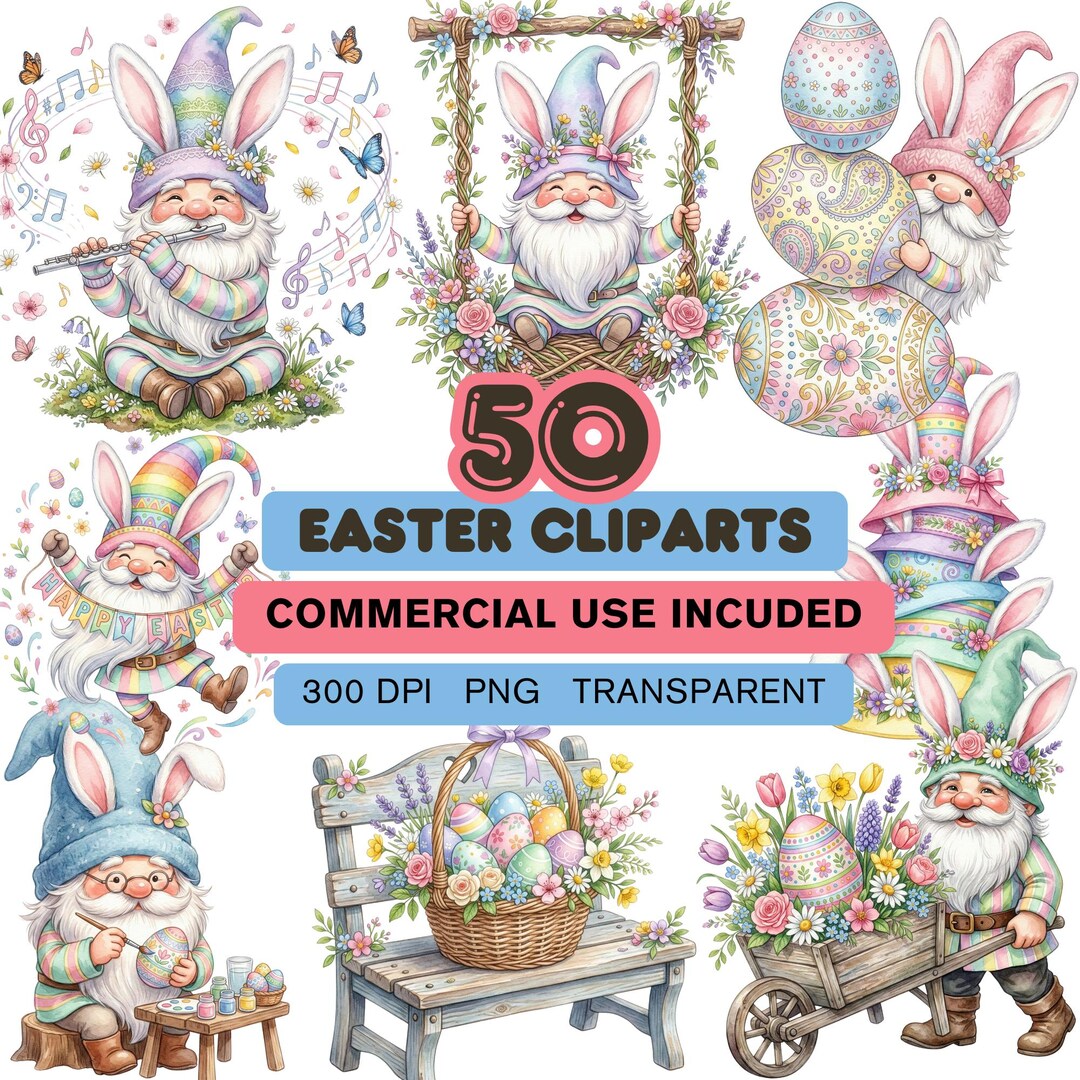 50 Easter Gnome Clipart: Spring Garden PNG Graphics and Watercolor ...