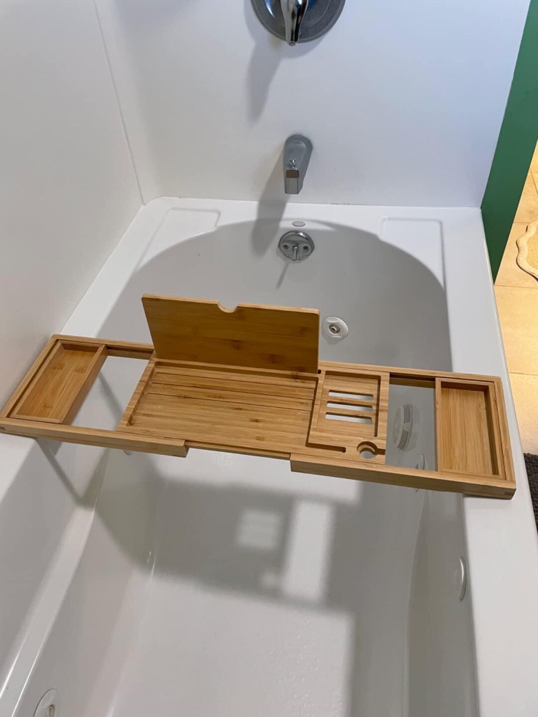 Expandable Bamboo Bathtub Caddy Tray, Adjustable Wooden Bath Organizer ...