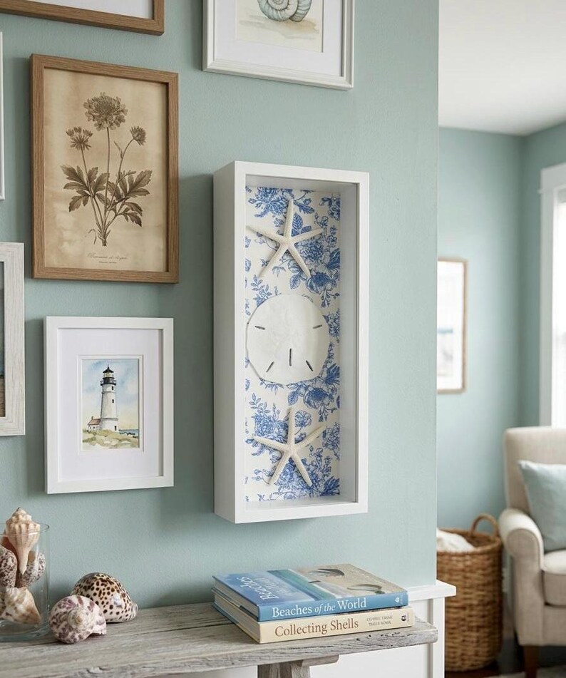 Blue Toile Shadow Box Decor, Starfish Sand Dollar Beach Art - Etsy