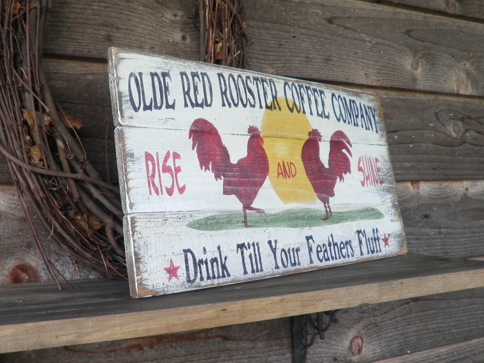 Primitive Rooster Sign Old Red Rooster Coffee Sign Wood - Etsy