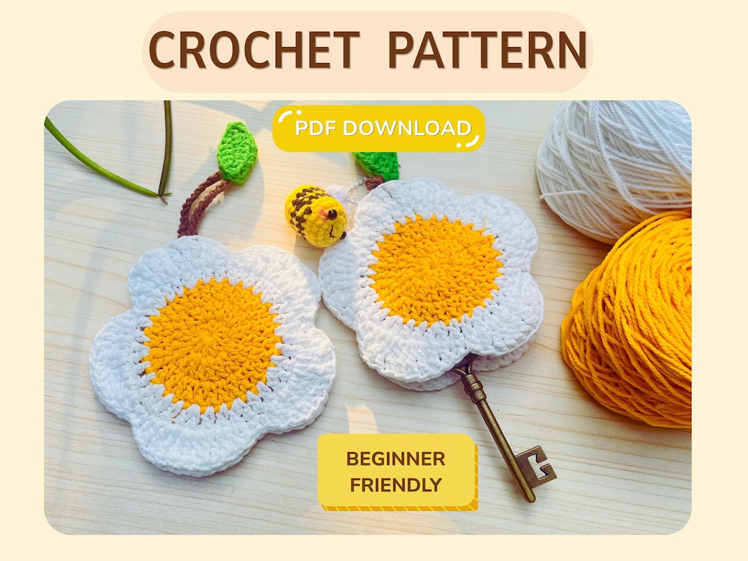 Crochet Key Cover Pattern PDF, Daisy Flower Keychain, Bee Crochet ...