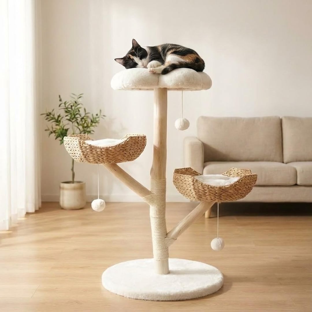 Modern Cat Tree Tower - Solid Wood Designer Cat Tree With Wicker ...