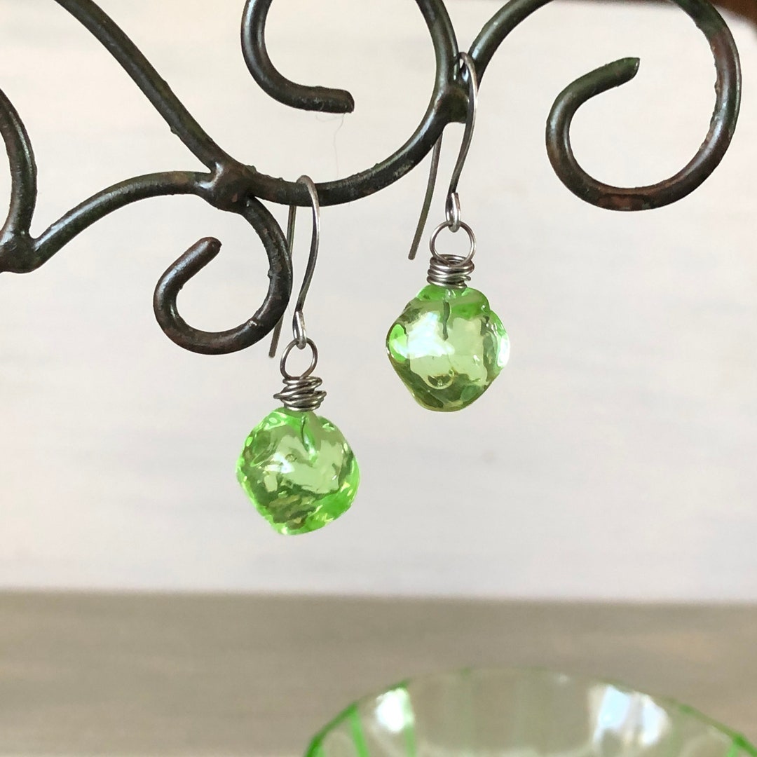 Recycled Green Depression Glass Nugget Earrings • Short Dangles ...