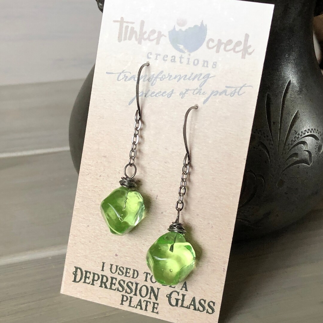 Recycled Green Depression Glass Nugget Earrings • Long Dangles ...