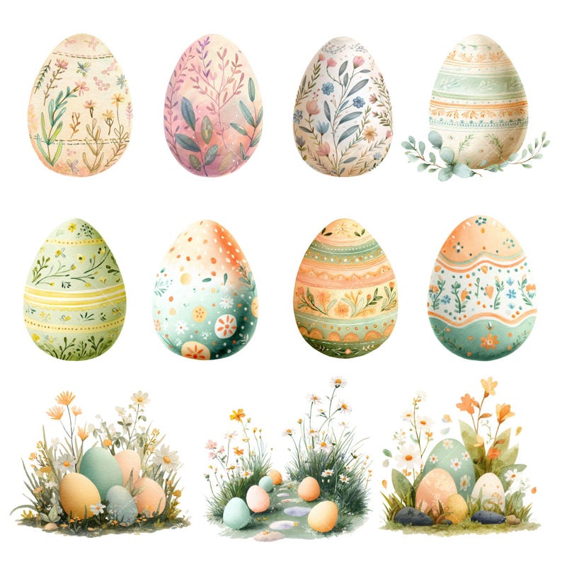Watercolor Easter Eggs Clipart Bundle With Spring Flowers (digital ...