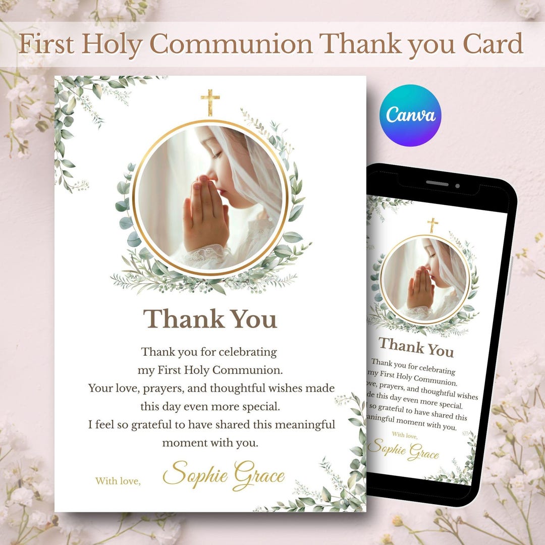First Holy Communion Thank You Card Template Editable Canva Photo ...