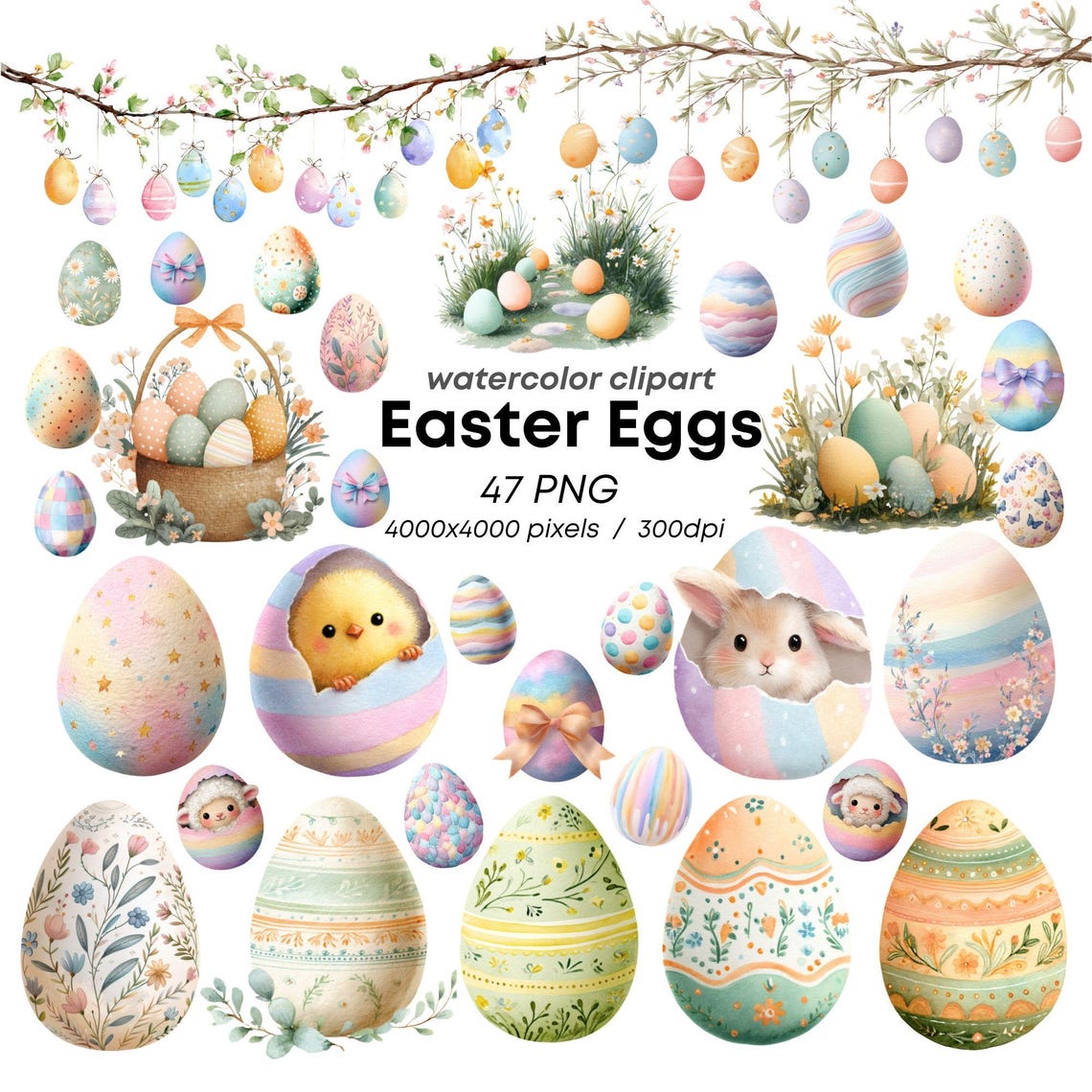 Watercolor Easter Eggs Clipart Bundle With Spring Flowers (digital ...