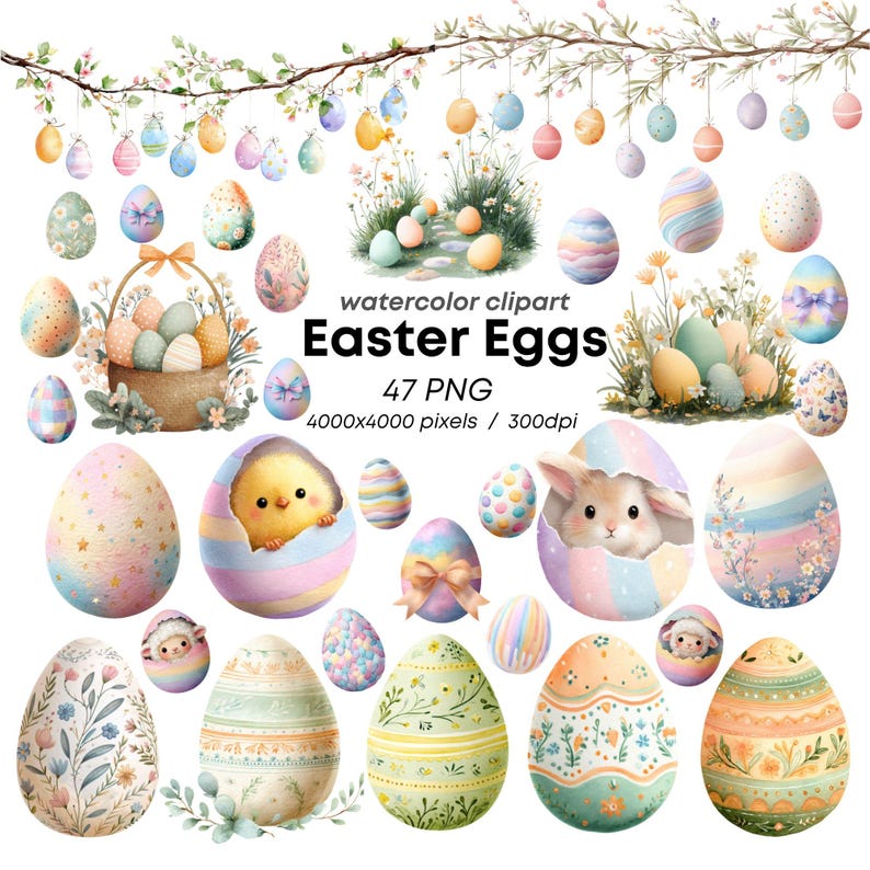 Watercolor Easter Eggs Clipart Bundle With Spring Flowers (digital ...