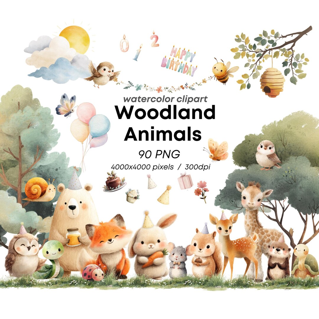 Watercolor Woodland Animals Clipart Forest Friends PNG Nursery Wall Art ...