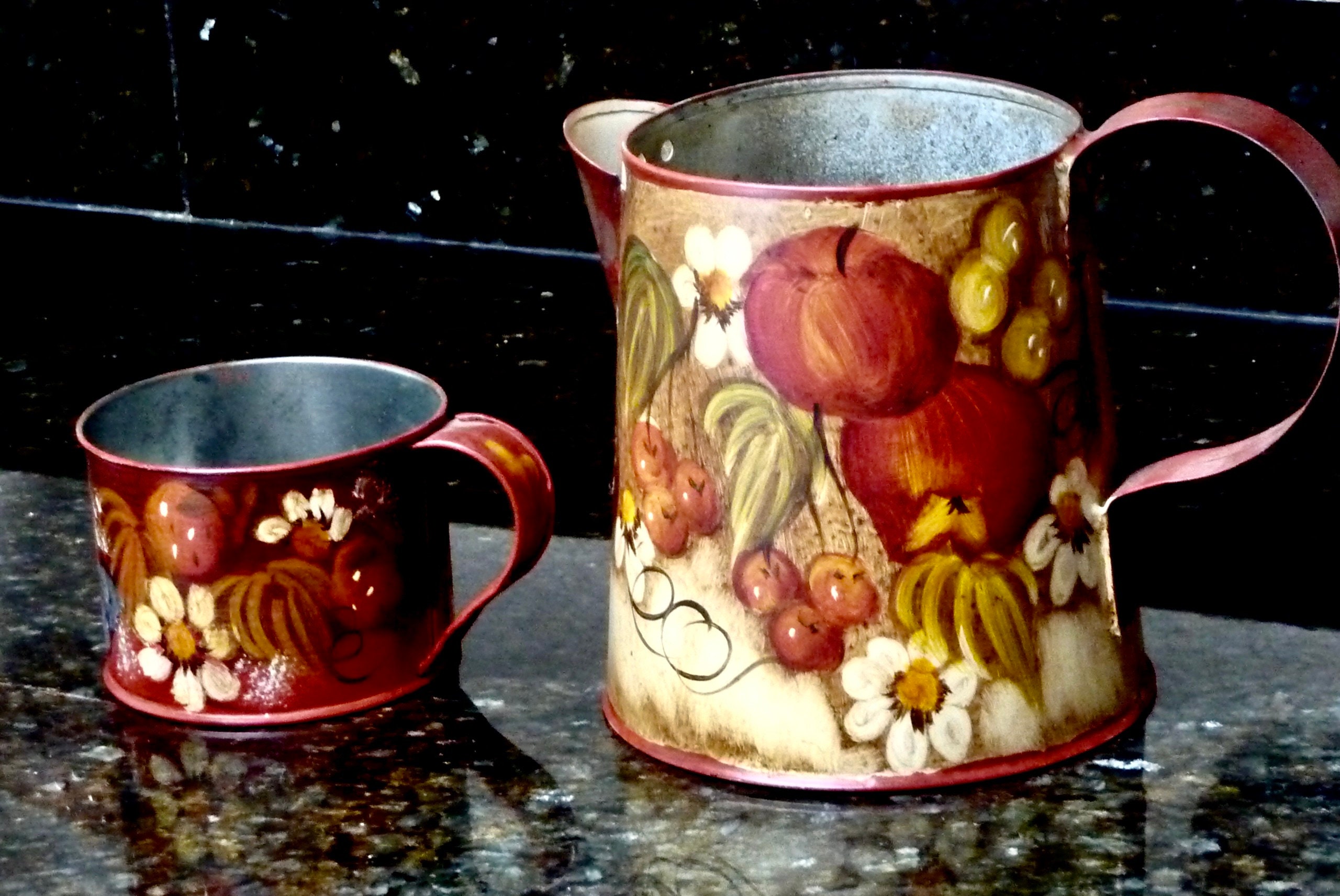 Toleware Set Hand Painted Signed Pitcher and Cup Tinware Fruit Flowers ...