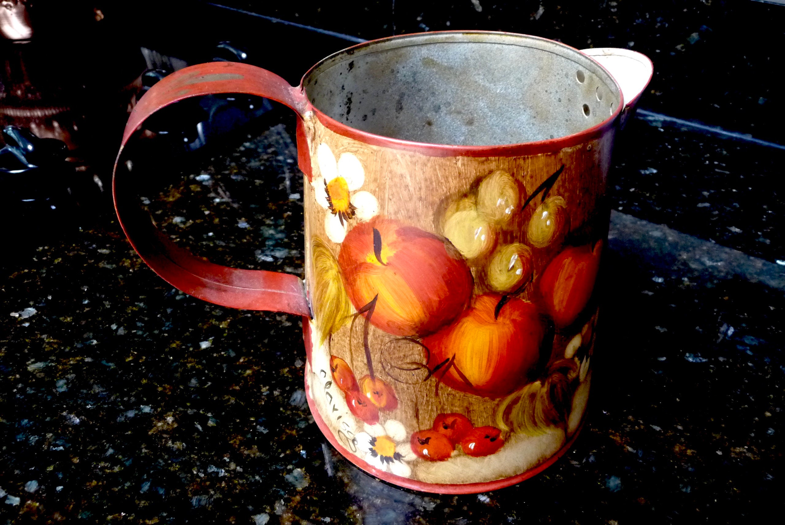 Toleware Set Hand Painted Signed Pitcher and Cup Tinware Fruit Flowers ...