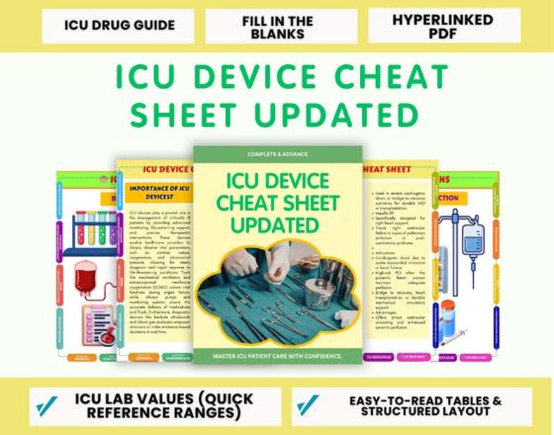 ICU Cheat Sheet Bundle | Icu Device Guide + Drug Guide Lab Values ...