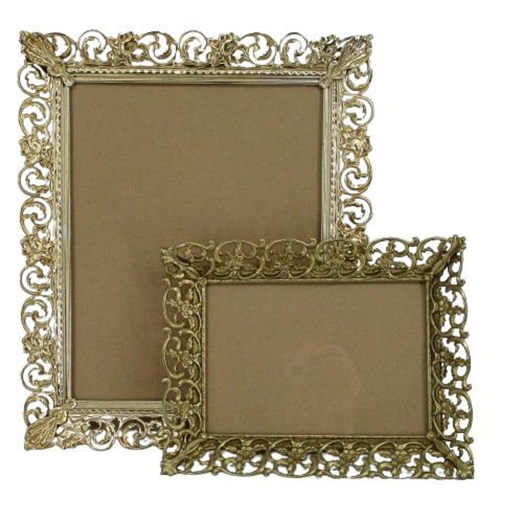 2 Ornate Filigree Metal Brass Picture Frame Gold Hollywood Regency 8x10 ...