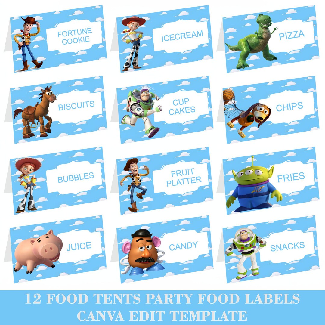 12 Food Tent Toy Story Birthday Party Place Card Woody Table Tent Party ...
