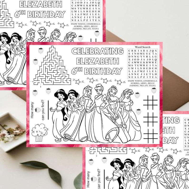 Princess Placemat Sheet Birthday Coloring Pages Princess Activity Sheet ...