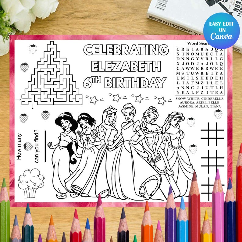 Princess Placemat Sheet Birthday Coloring Pages Princess Activity Sheet ...