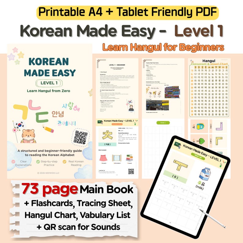 Hangul Korean Made Easy Level 1 | Beginner Learning (a4/tablet PDF ...