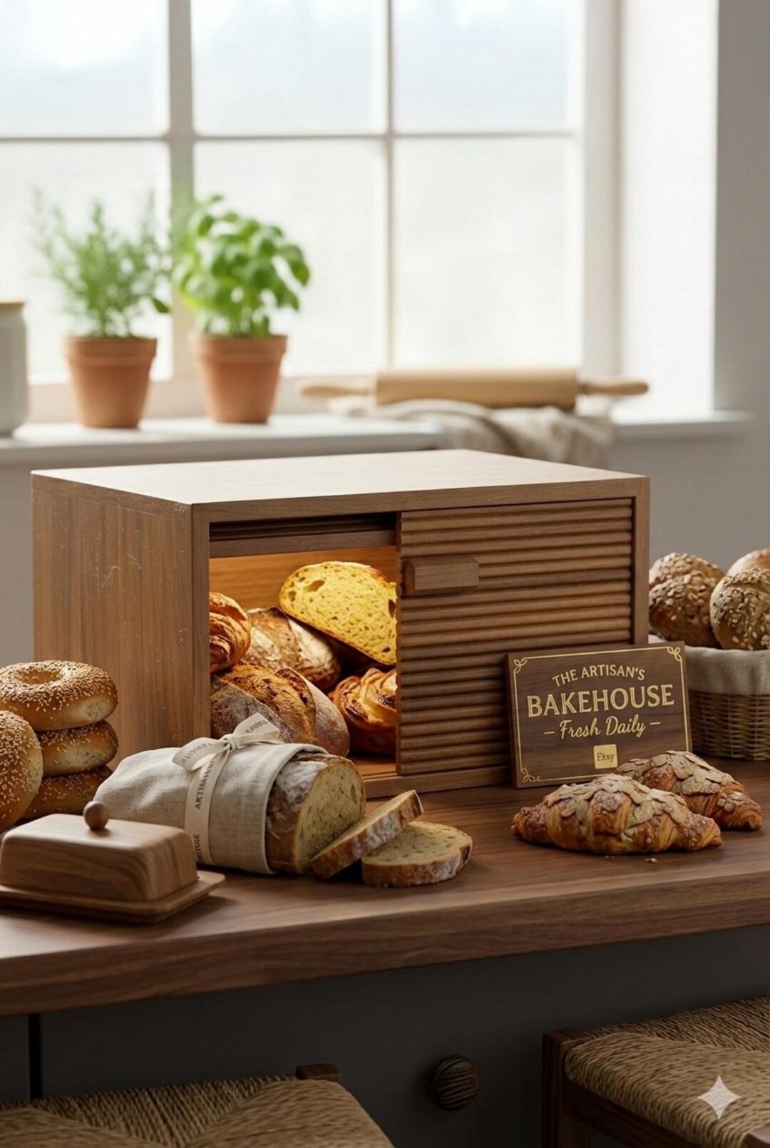 Modern Bread Box With Drawer – Bamboo Look Wooden Bread Storage Cabinet ...