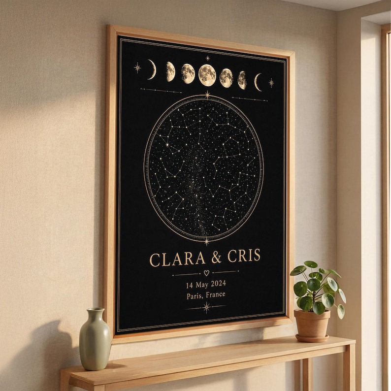 Moon Phase Star Map: Custom Night Sky Print - Black and Gold - Etsy