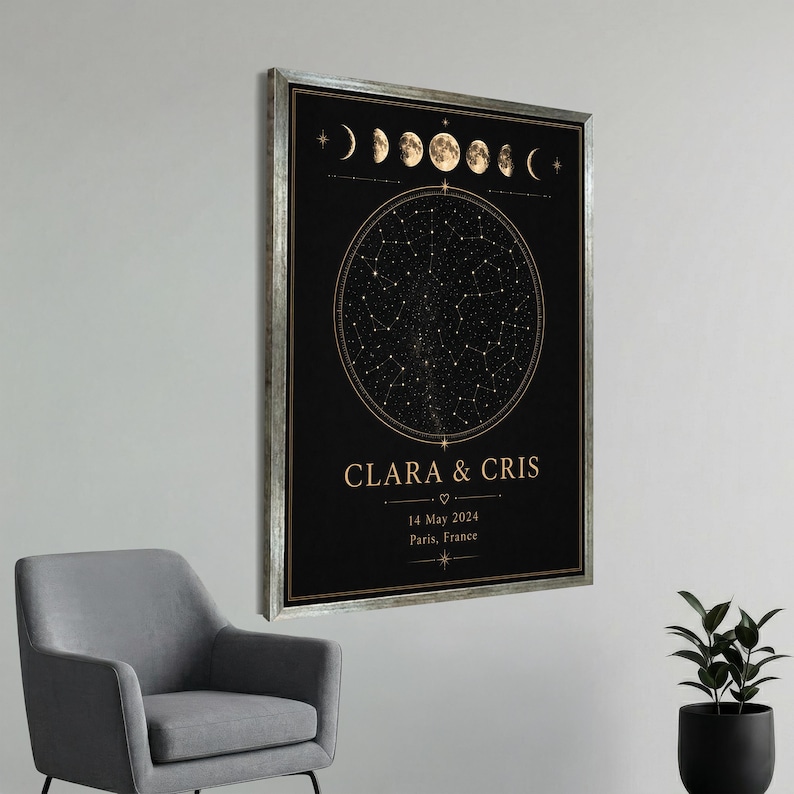 Moon Phase Star Map: Custom Night Sky Print - Black and Gold - Etsy