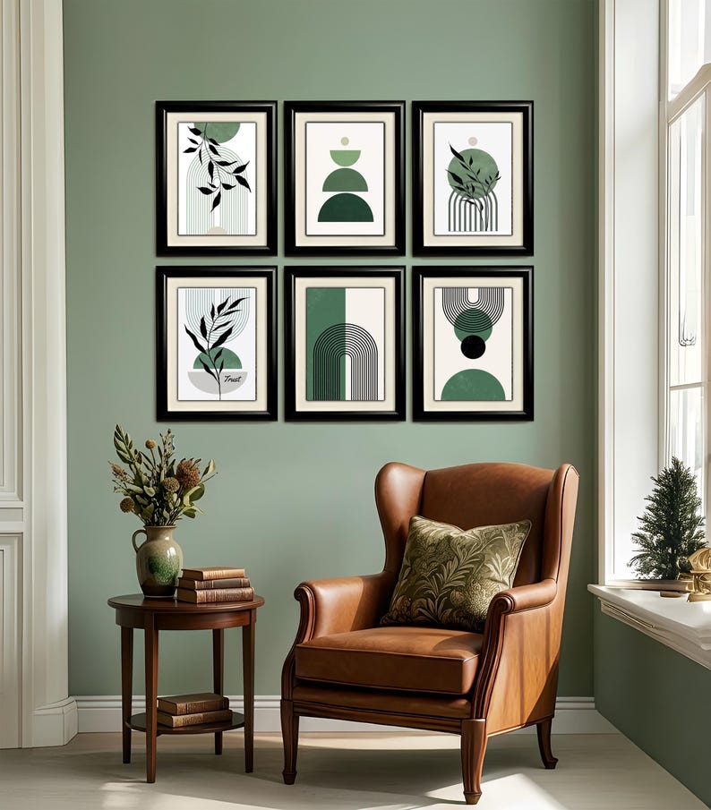 Sage Green Abstract Wall Art Set - Modern Geometric Gallery Decor - Etsy