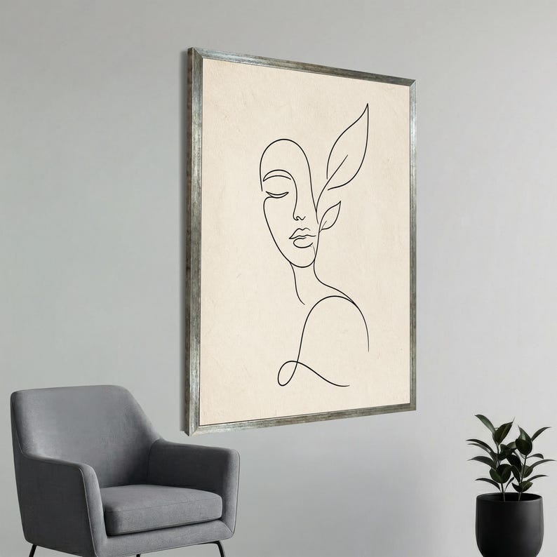 Minimalist Line Face Canvas, Leaf Art (framed or Unframed) - Etsy