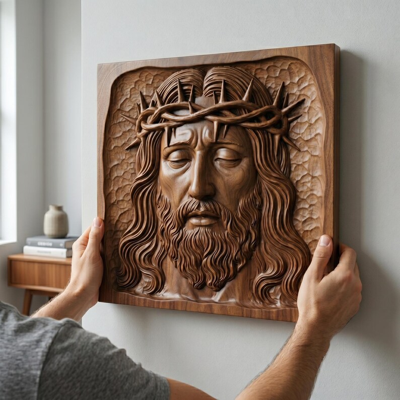 Jesus Face STL File, Crown of Thorns Relief, CNC Wood Carving 3D Model ...