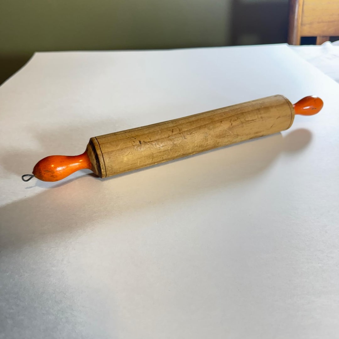 Vintage Wood Rolling Pin Orange Handles Retro Farmhouse Kitchen Decor ...