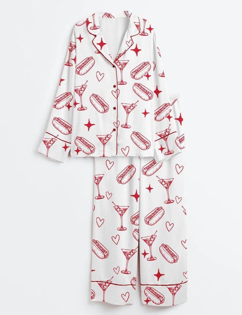 Martini & Hot Dog Satin Pajama Set – Cocktail Party Print Sleepwear - Etsy