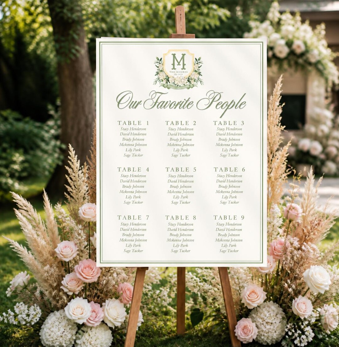 Watercolor Wreath Monogram Crest Seating Chart Sign, Editable Seating ...