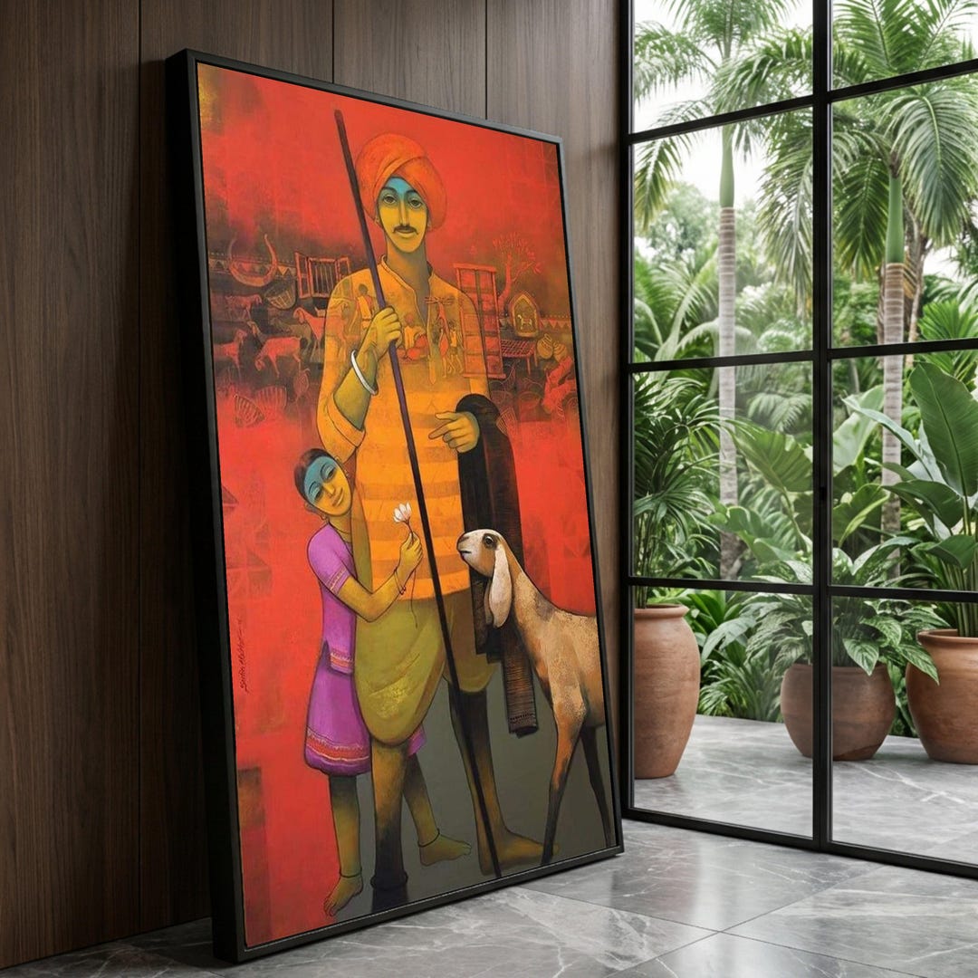 Traditional Shepherd and Child Canvas Wall Art, Rustic Village Scene ...