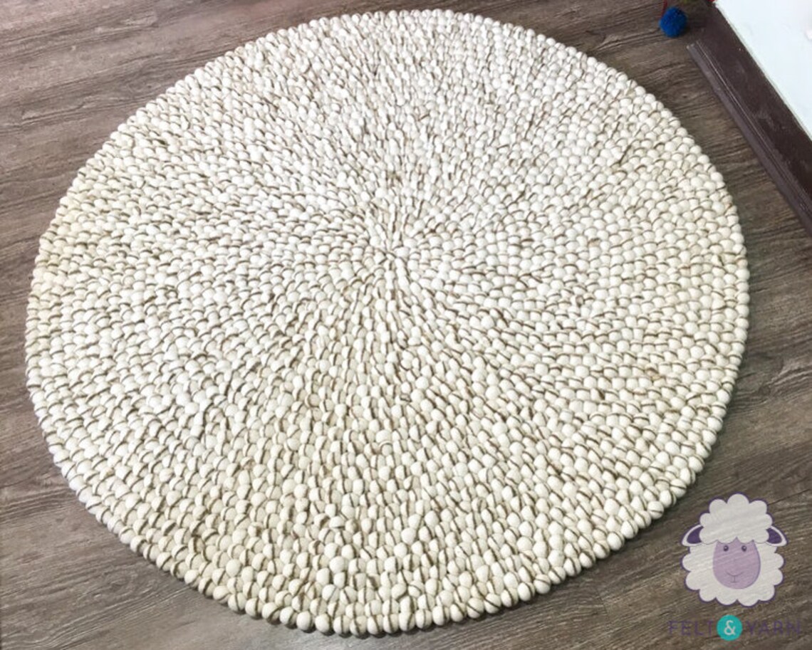 Striped Felted White Ball Wool Rug Round Rectangular Mat | Etsy