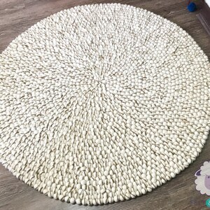 Striped Felted White Ball Wool Rug Round Mat Made for Room - Etsy