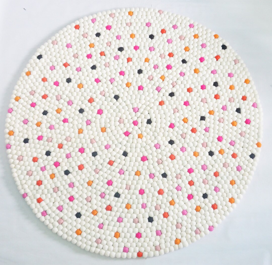 Handmade Round White Wool Felt Ball Rug With Multicolor Dots | Pom Pom ...