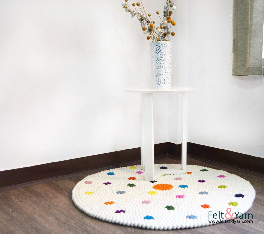 White Wool Felt Ball Round Rug With Flowers Design Dots | Kid's Nursery ...