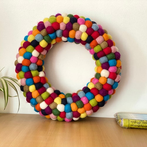 Wool Felt Ball Wreath With Hand Felted Multicolor Pom Pom - Etsy