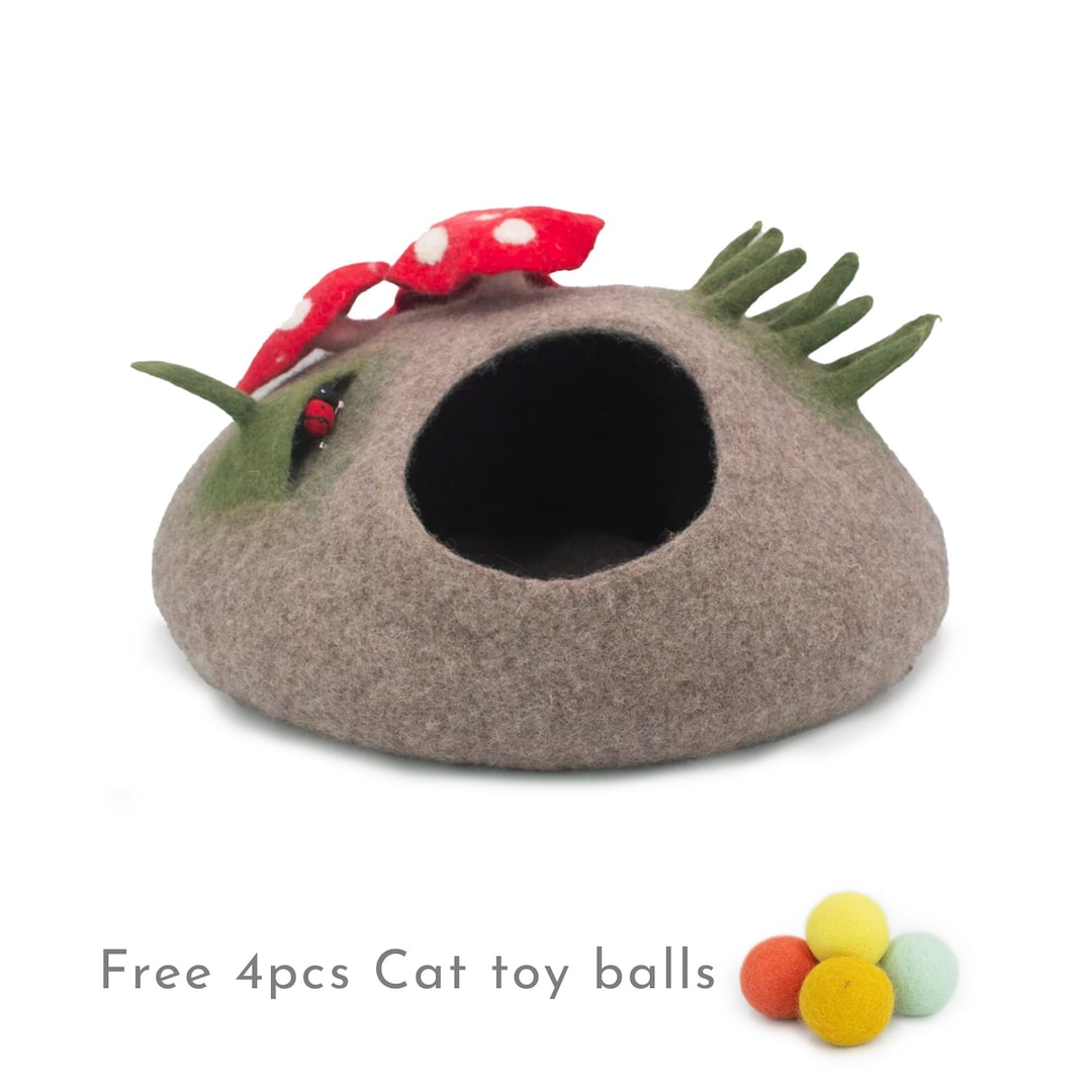 50cm Wool Felt Cat Cave With Mini Mushroom | Felted Cat Bed | Felt Pet ...